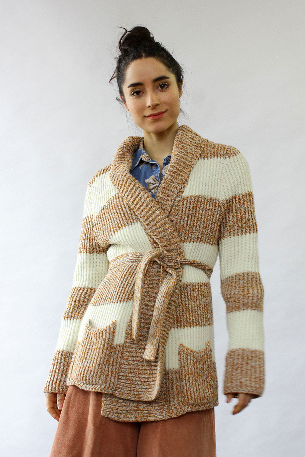 Striped Chunky Knit Belted Cardigan – OMNIA