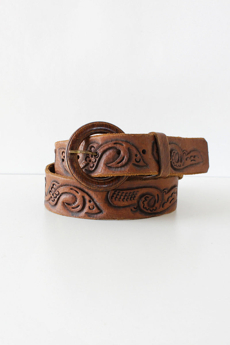 Wood Buckle Tooled Belt – OMNIA